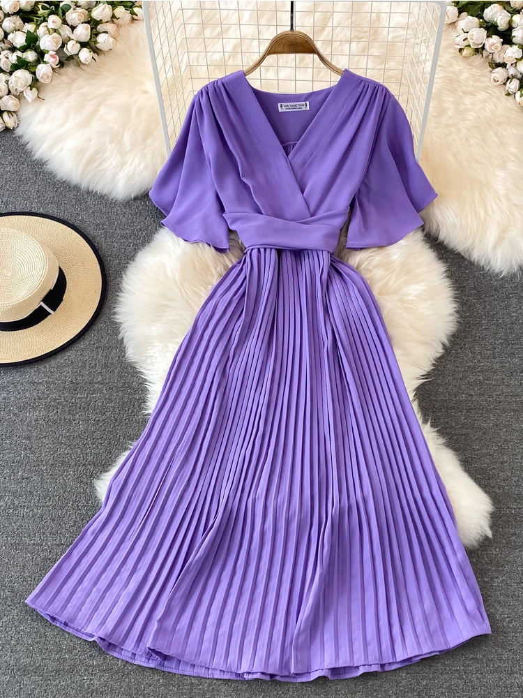 Robe-trap-ze-violette-manches-courtes-et-col-en-V-pour-femmes-robe-d-t ...