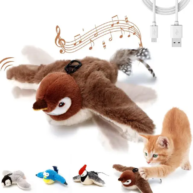 Flapping Bird Cat Toy Rechargeable - Lifelike Sparrow With Chirping ...