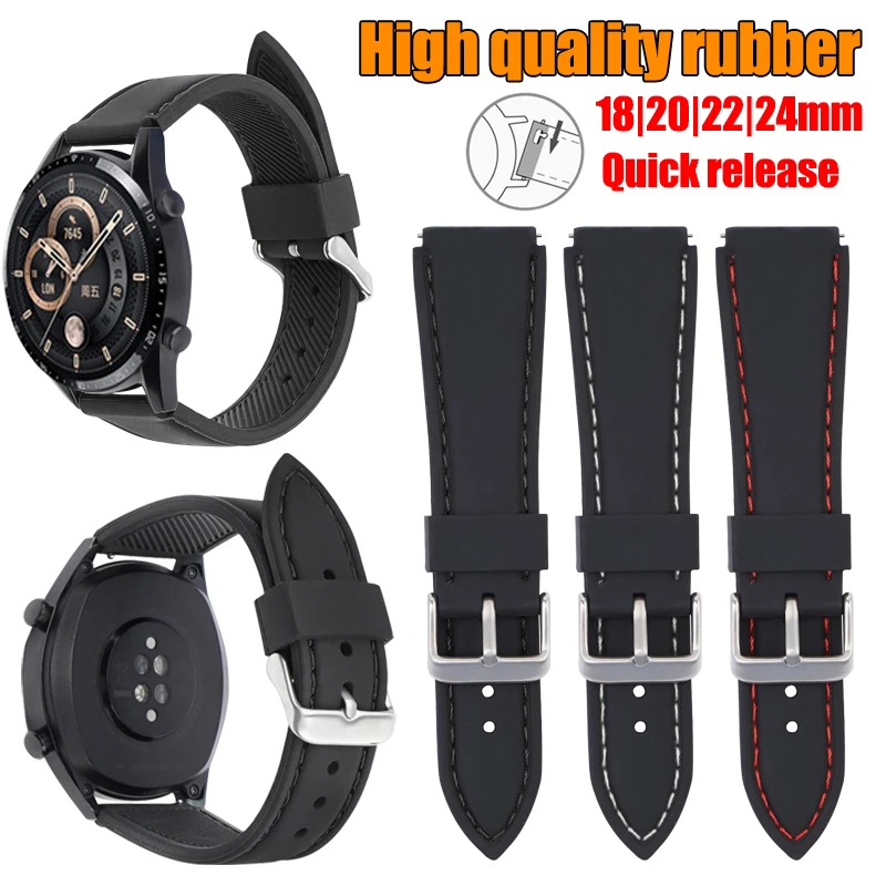 Black-Silicone-Strap-18-20-22-24mm-Quick-Release-Stainless-Steel-Buckle ...