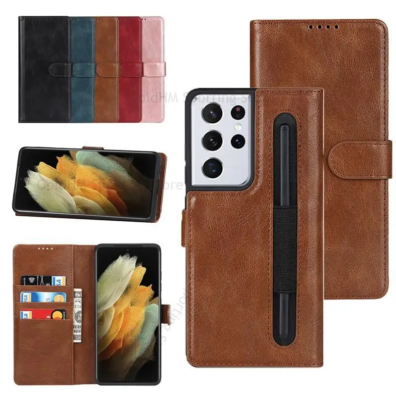 Leather Stylus S Pen Slot Magnetic Flip Phone Case For Samsung S21 ...