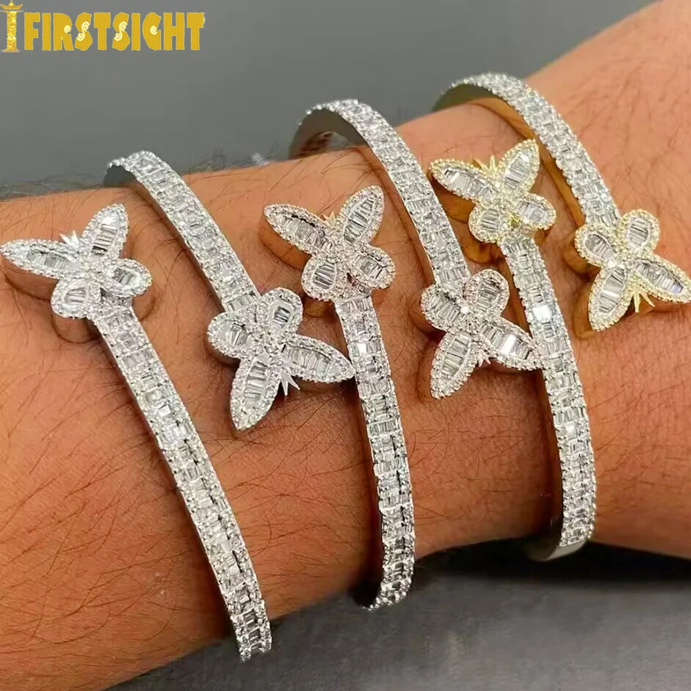 New Iced Out Bling Opened Butterfly Charm Bracelet Baguette Aaa Cz Zircon Insects Bangle For Men ...