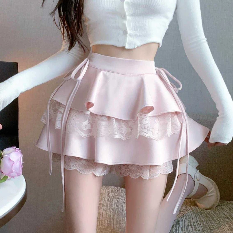 Houzhou 섹시한 핑크 프릴 미니 스커트 여성용 페어리 코어 카와이 레이스 패치 워크 더블 레이어 귀여운 하이 웨이스트