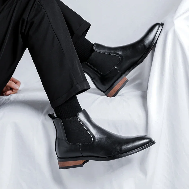 New-Brown-Chelsea-Boots-for-Men-Black-Microfiber-Ankle-Round-Toe ...