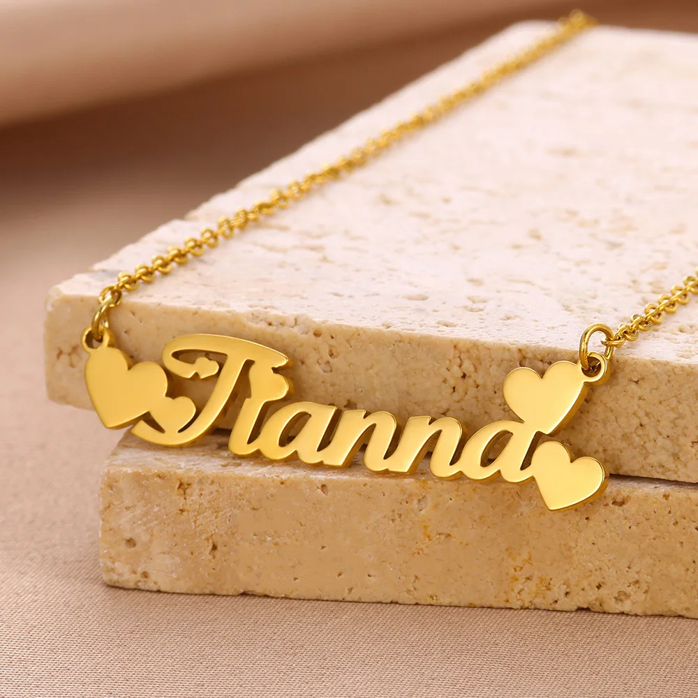 Custom Hearts Name Necklace Women Girl Jewelry Personalized Gold Color ...