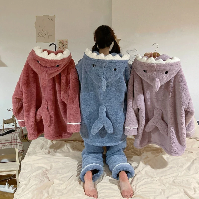 만화 상어 여성용 후드 파자마 세트 따뜻한 겨울 여성용 홈수트 바지 포함 플리스 파자마 수트 2 피스 세트