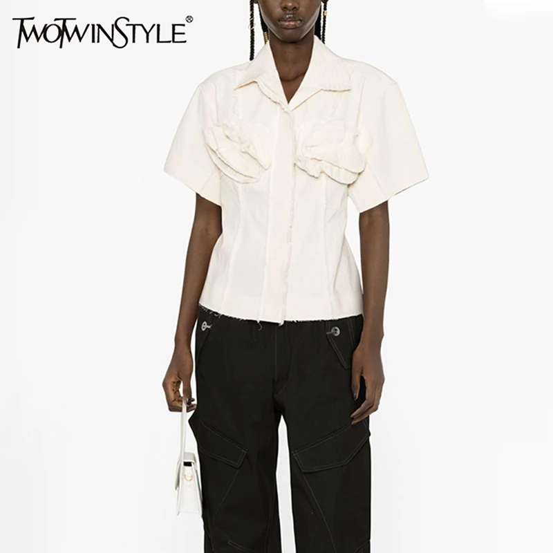 TWOTWINSTYLE-Solid-Spliced-Appliques-Coats-For-Women-Lapel-Short-Sleeve ...