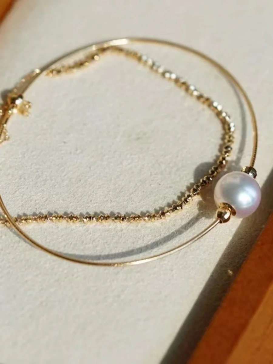 Pure 18K Gold Natural Akoya Seawater Pearl Bracelet Double Layer Bracelet AU750 Women's Boutique ...