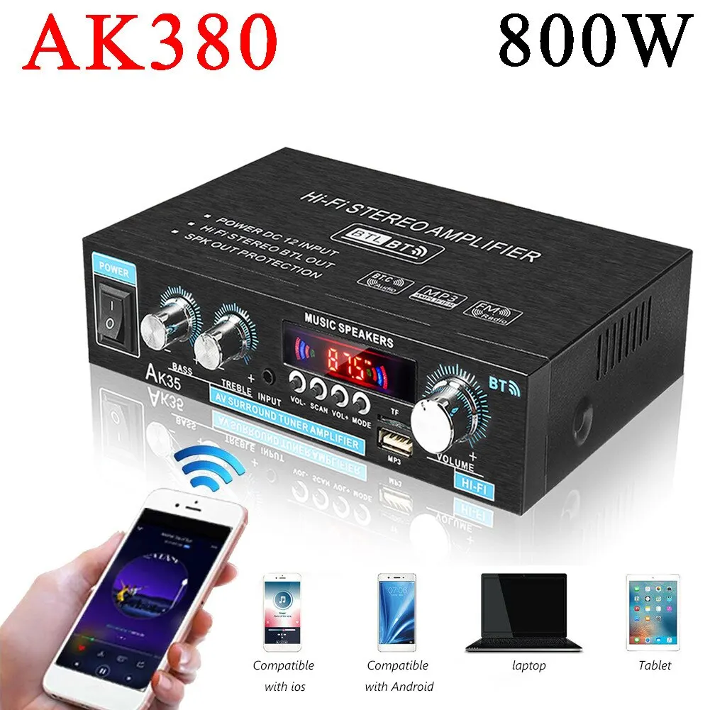 AK-380 800W Home Car Power Amplifier 2 Channel Bluetooth 5.0 Audio ...