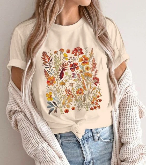 Flowers-Shirt-Women-Vintage-Floral-Printed-T-Shirt-Wildflowers-Graphic ...