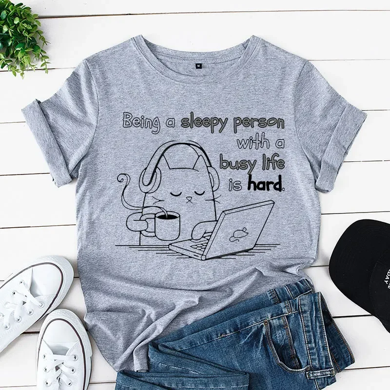Women-s-Fashion-T-shirt-Sleepy-Person-Busy-Life-Black-and-White-Tshirts ...