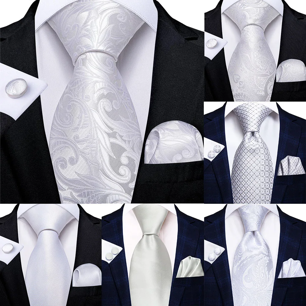 2024-New-Men-s-Ties-White-Floral-Hanky-Cufflinks-Set-Silk-Neck-ties-For ...