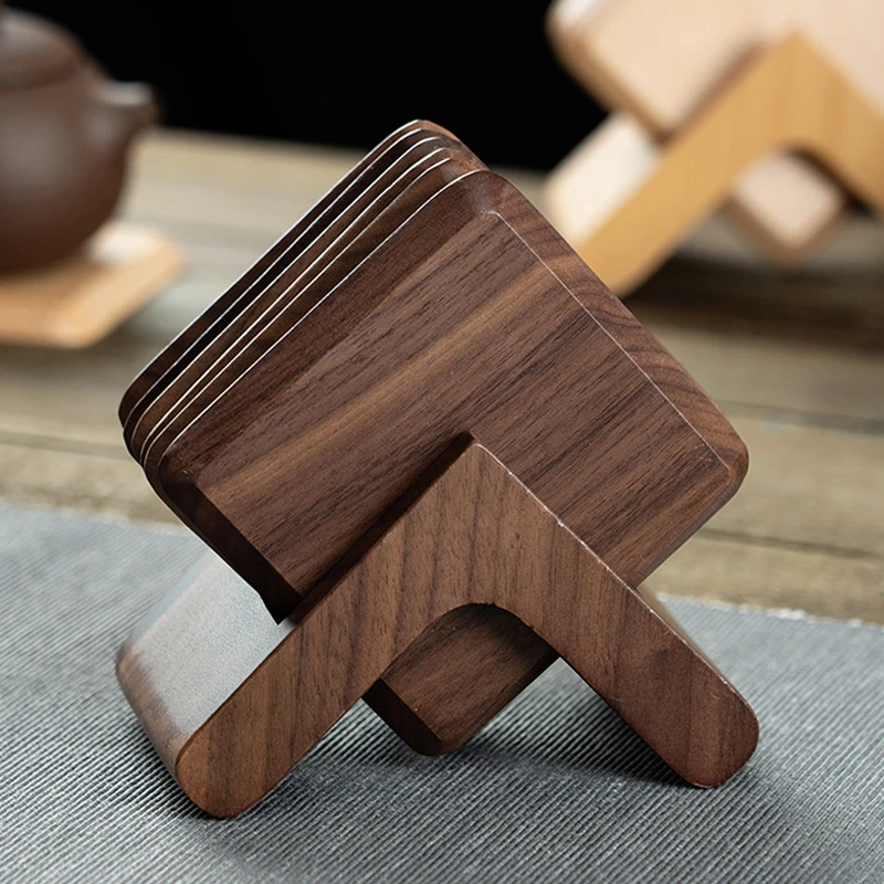 6pcs Wood Coaster Set With Holder Square Wooden Drink Coasters Cup Mats ...