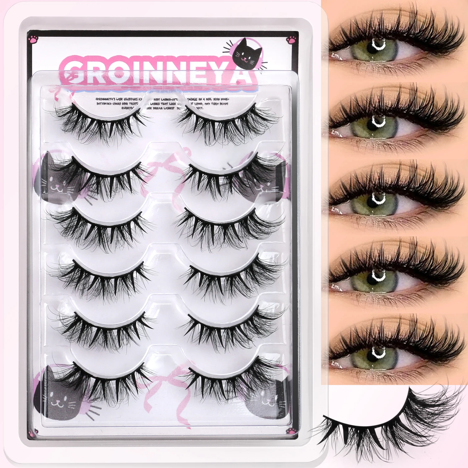 GROINNEYA Cat Eyelashes False Eyelashes Fluffy Faux Mink Lashes Wispy ...