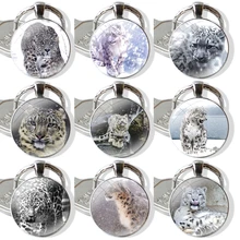 Glass Cabochon Keychain Pendant Car Key Chains Handmade Animal snow leopard