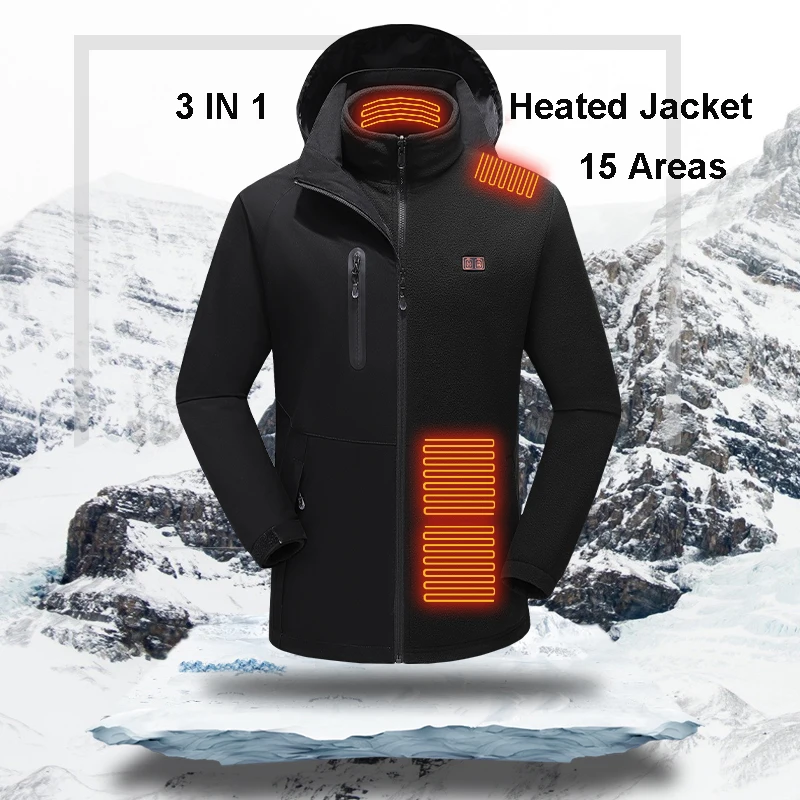 15 Zone Heated Jackets Men 3-in-1 Hiking Jackets Waterproof Windbreaker ...