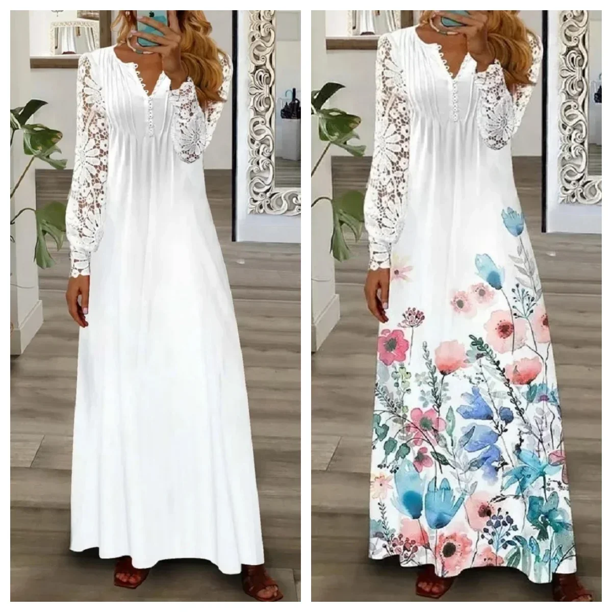 Women-s-Elegant-Long-Dress-Buttons-V-Neck-Sexy-Lace-Long-Sleeves ...
