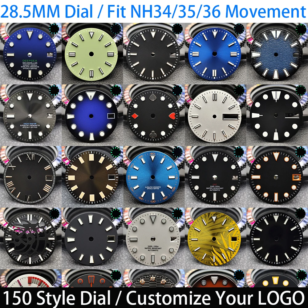 28.5mm dial fit N H35/NH36 movement green-blue luminous dial with ...