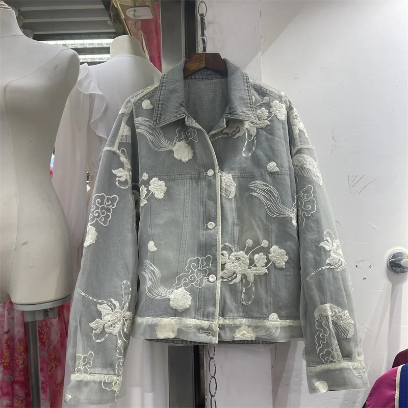 Fashion-Light-Blue-Denim-Jacket-Women-Spring-Vintage-Embroidery-Single ...
