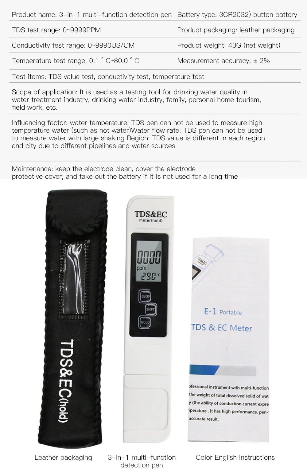Portable Water TDS Meter Pen EC Conductivity Tester Water Quality ...