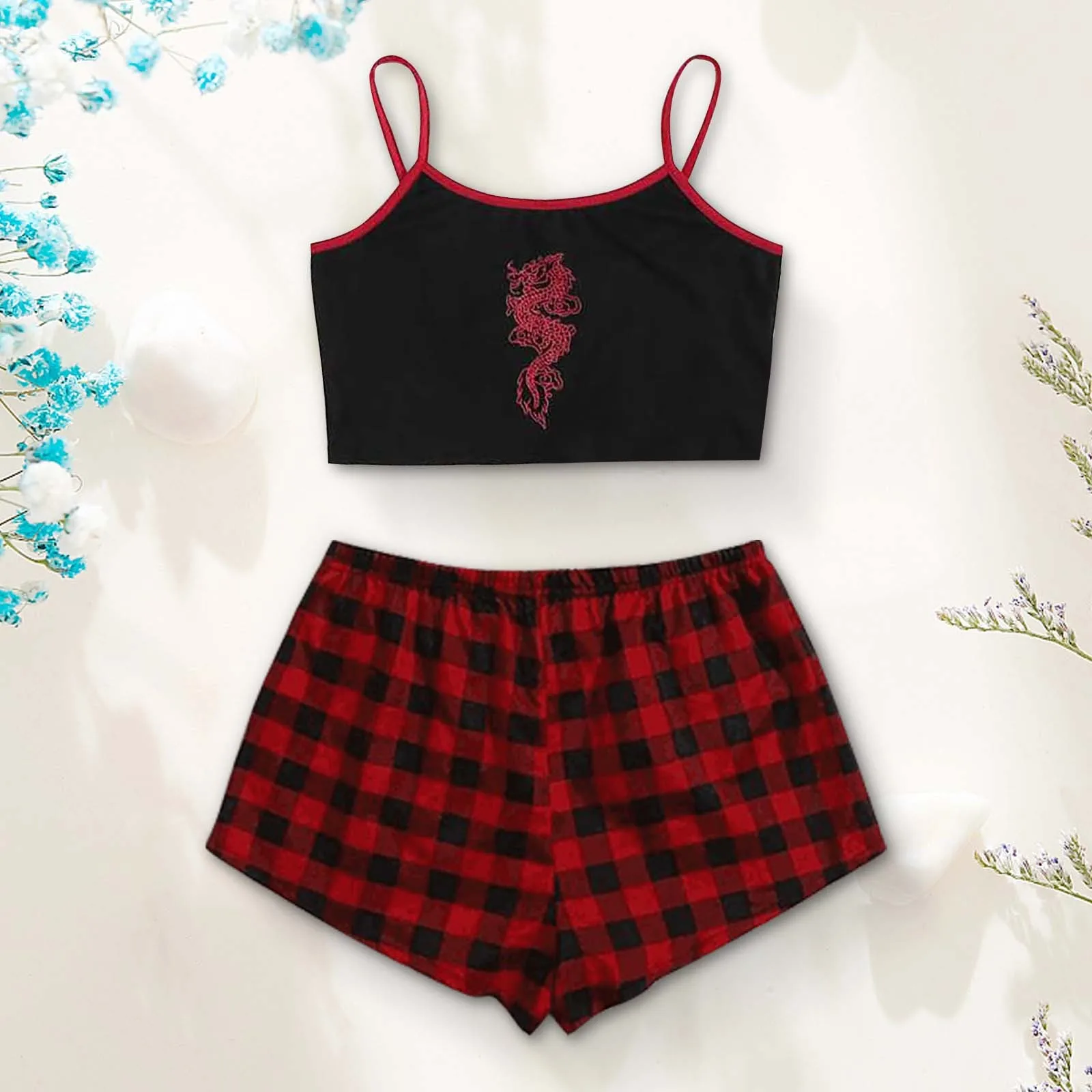 Dragon-Print-Pajama-Set-Summer-Sexy-Sleepwear-Pyjamas-Women-Red-Plaid-2 ...