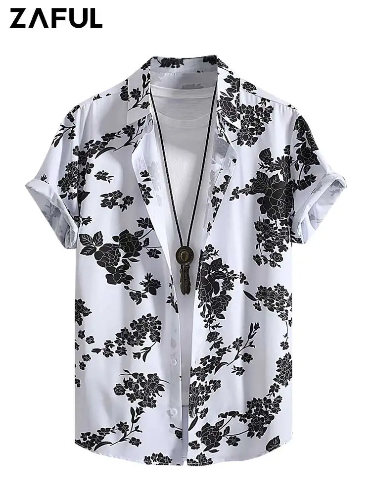 ZAFUL Floral Pattern Shirts for Men Button Up Short Sleeves Turn-down ...