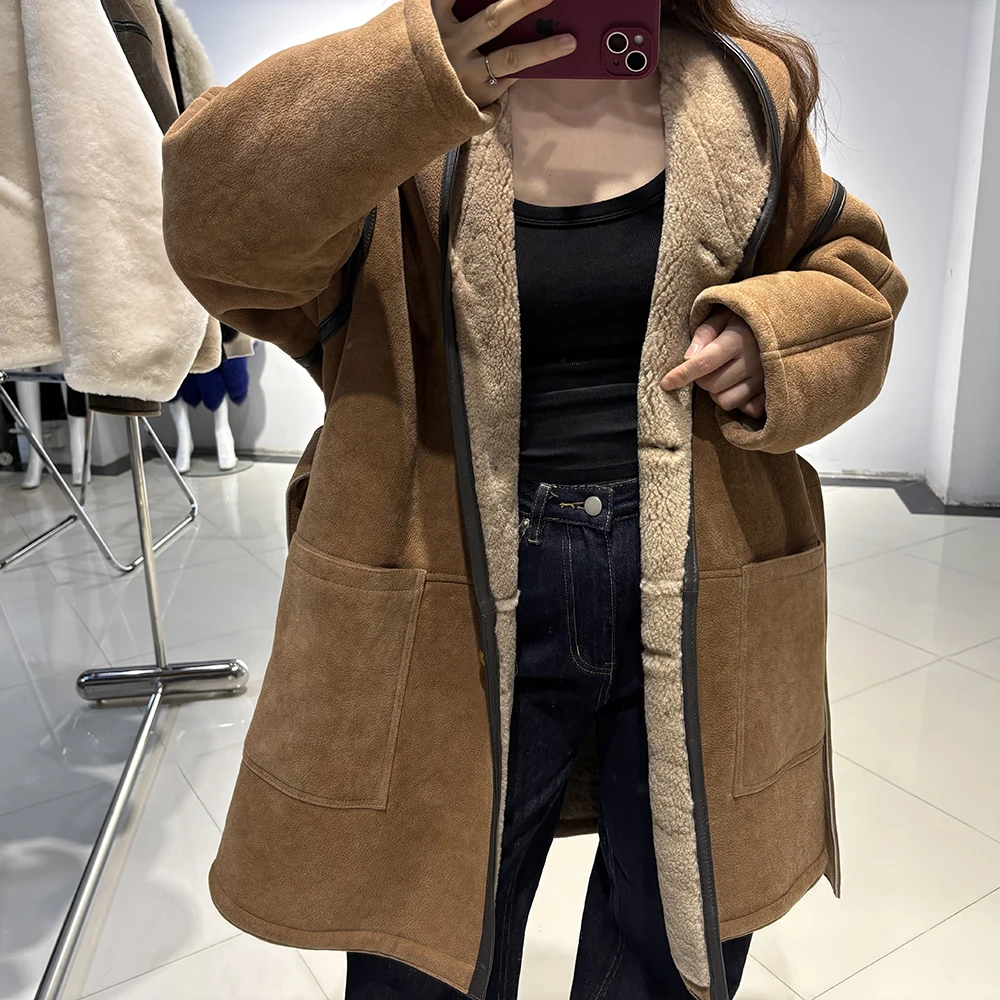 YOLOAgain Wool Lining Oversized Hooded Suede Shearling Jacket Coat 2025 ...