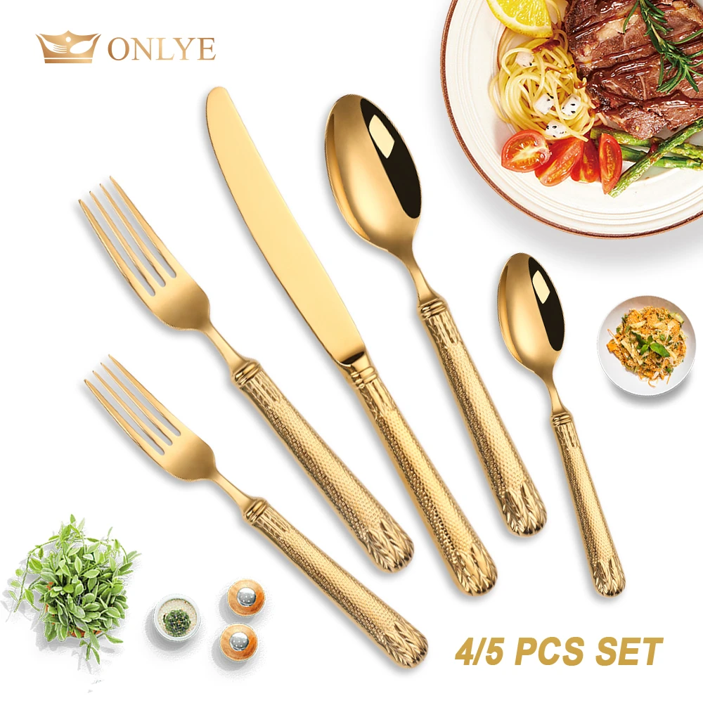 4/5 Pcs Golden Mirror Hollow Handle Flatware Gold Black Pvd Tableware ...