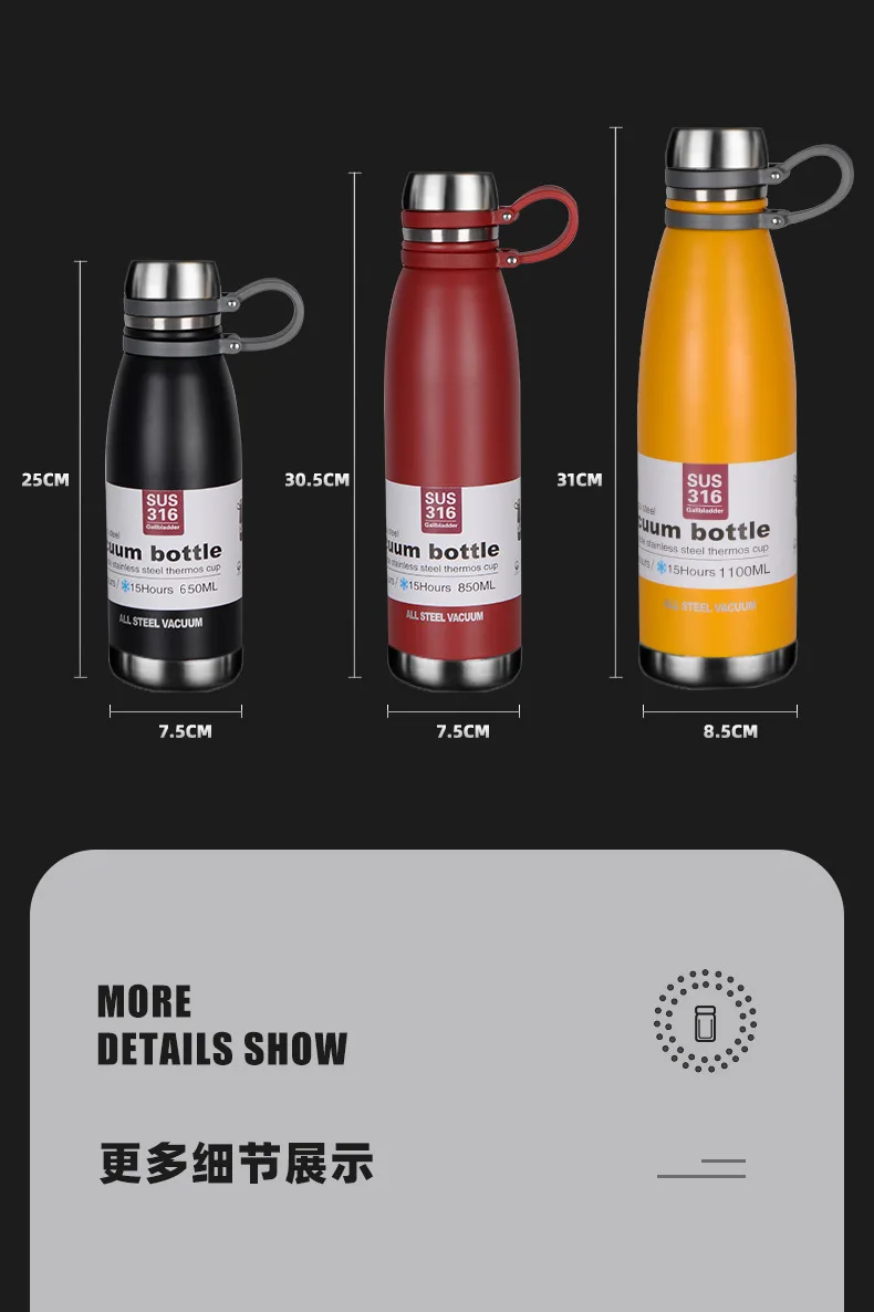 GOURDE BIDON,Red-850ml--Bouteille Thermos de grande capacité de 1100ml, en acier inoxydable 316 ...