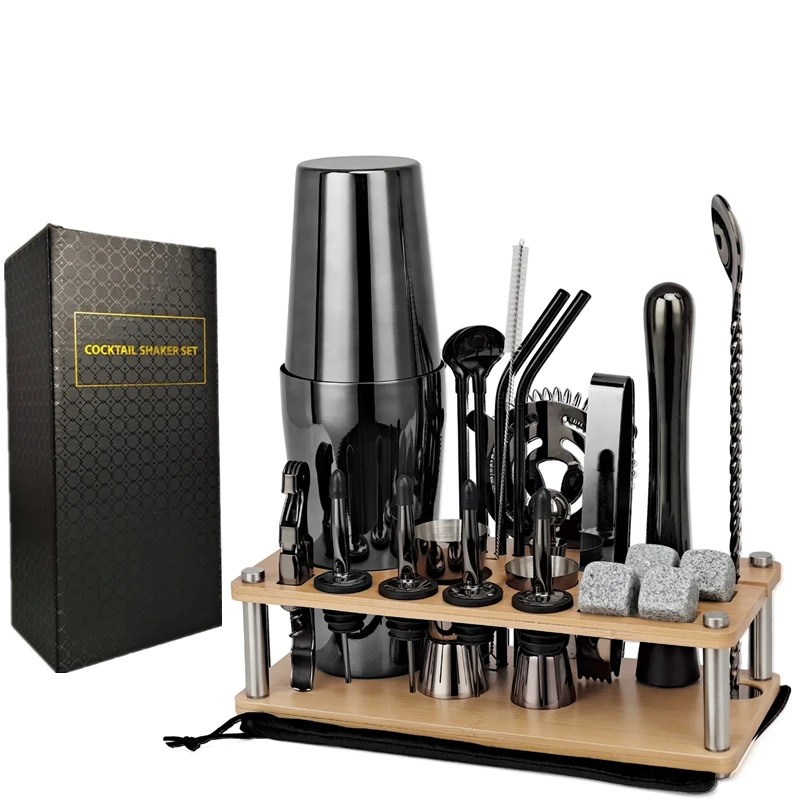 Wooden Stand Bar Cocktail Shaker Set Barware Tools Shaker Sets with ...