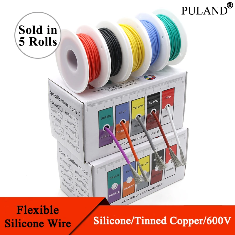 （5 Colors Mix Kit）Heat Resistant Flexible Silicone Wire 30/28/26/24/22/20/18/16AWG Stranded ...