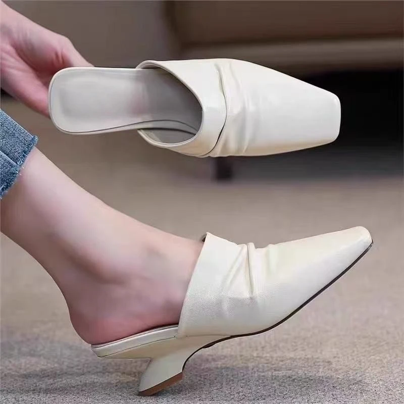 Baotou Semi-slippers Women's Summer Wear New Lazy Square-toed Pleated ...
