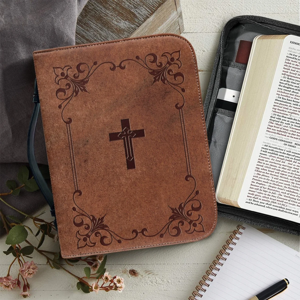 Classic Leather Print Bible Bag for Women Zipper Handle Handbags Bible ...