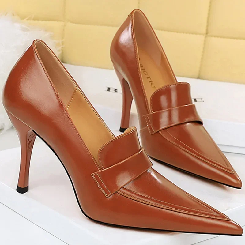 Women-10cm-High-Heels-Pumps-Retro-Pu-Leather-Slipony-Thin-Stiletto ...