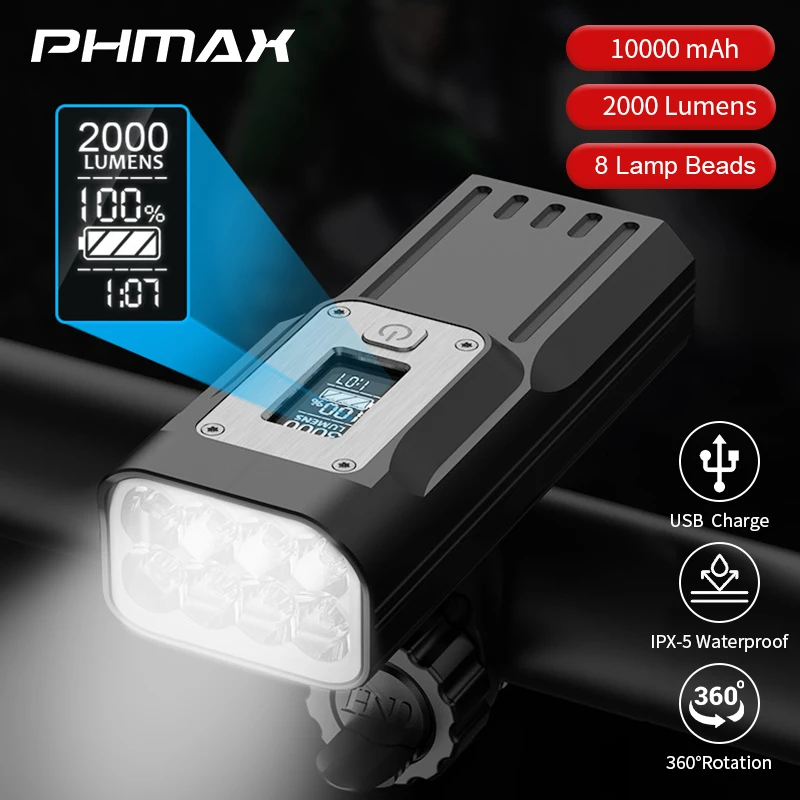 PHMAX-Bike-Light-2000-Lumens-Headlight-Rainproof-Bicycle-Flashlight ...
