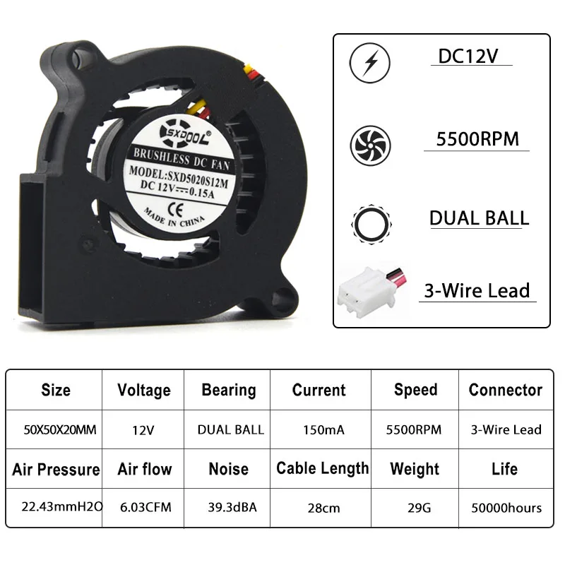 1pcs-new-blower-Dual-Ball-50mm-5020-50-50-20-12V-5500RPM-Cooling-Fan ...