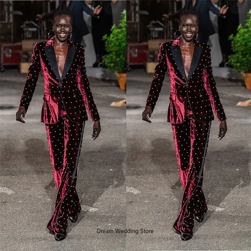 Traje de terciopelo Burdeos para mujer, Blazer de perlas de lujo hecho ...