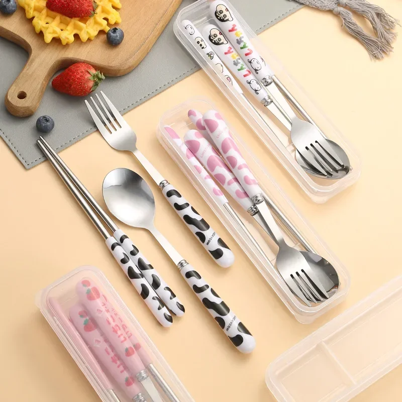 Cartoon-Cow-Cutlery-Spoon-Fork-Chopsticks-Stainless-Steel-Portable ...