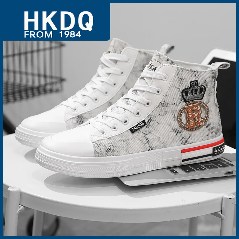 HKDQ-High-Top-Canvas-White-Sneakers-Man-Fashion-Casual-Flat-Designer ...