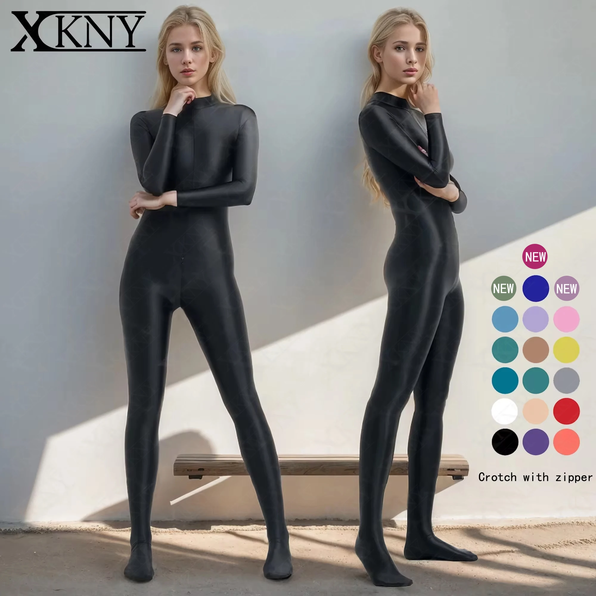XCKNY-Satin-Glossy-One-Piece-bodysuit-Sexy-Oil-High-Neck-Long-Sleeve ...