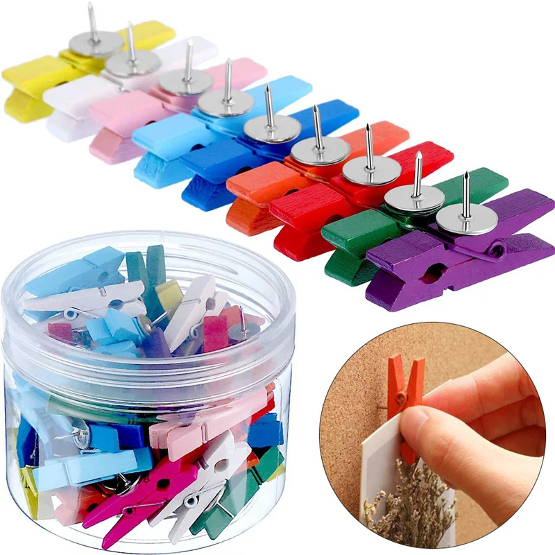 20Pcs-Box-Durable-Colorful-Wooden-Clip-Push-Pins-Decorative-Binder ...