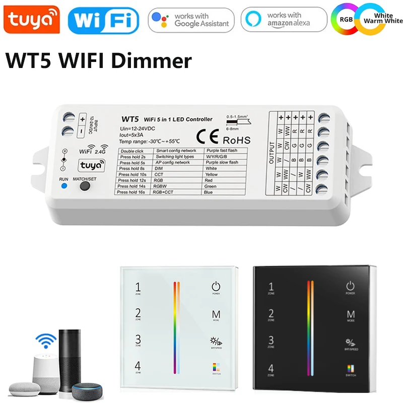 5in1 WT5 V5-L Tuya Wifi Smart LED Dimmer Controller DC12V-24V RGB/CCT ...