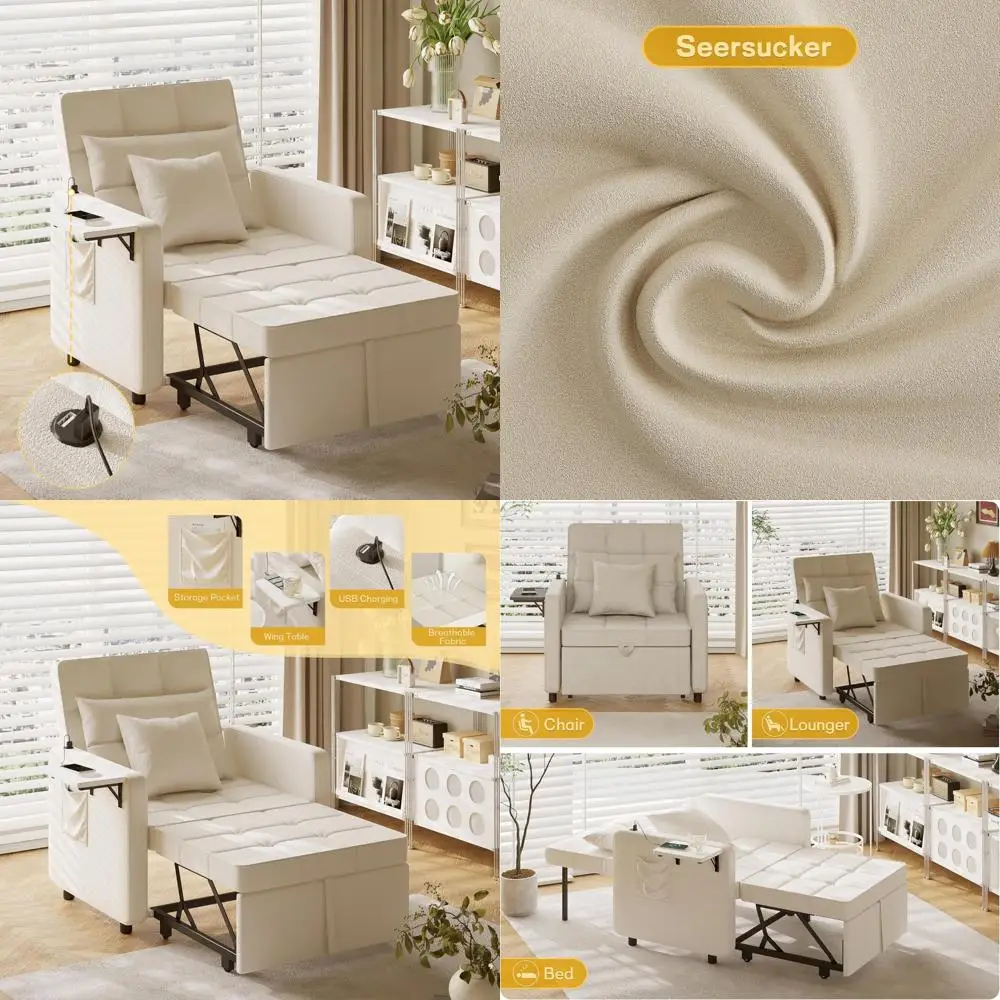 Convertible Sofa Chair Bed with Wing Table and USB Ports, 3-in-1 Couch ...