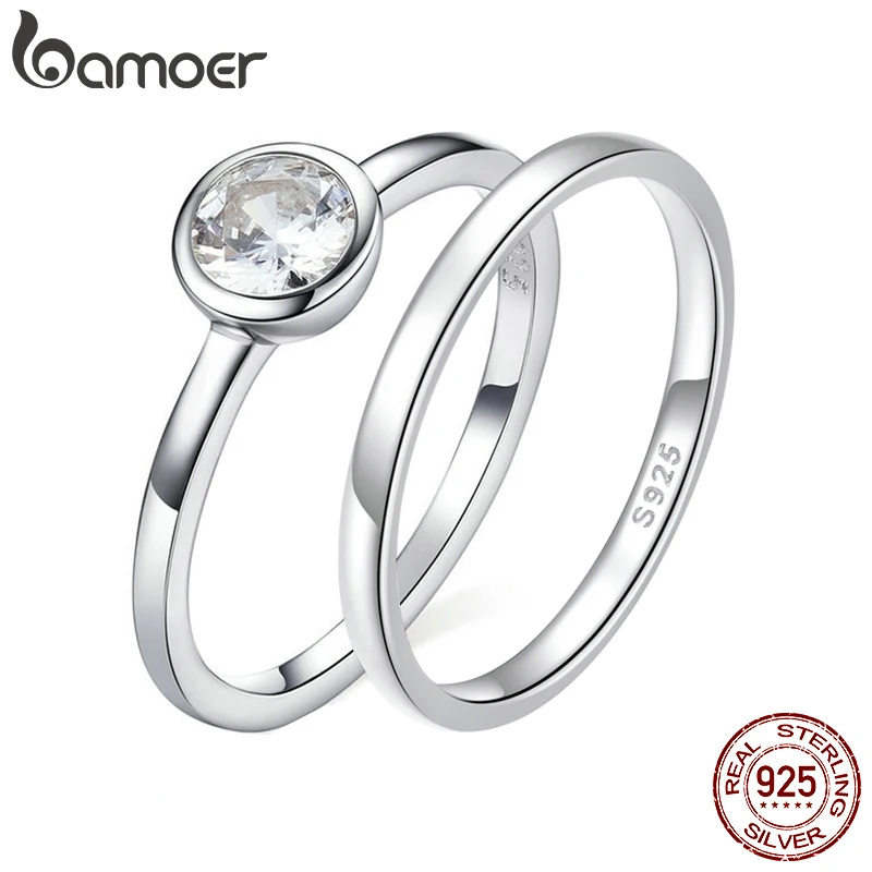 BAMOER 925 Sterling Silver Clear CZ Finger Ring Minimalist Women Engagement Wedding Basic Band ...