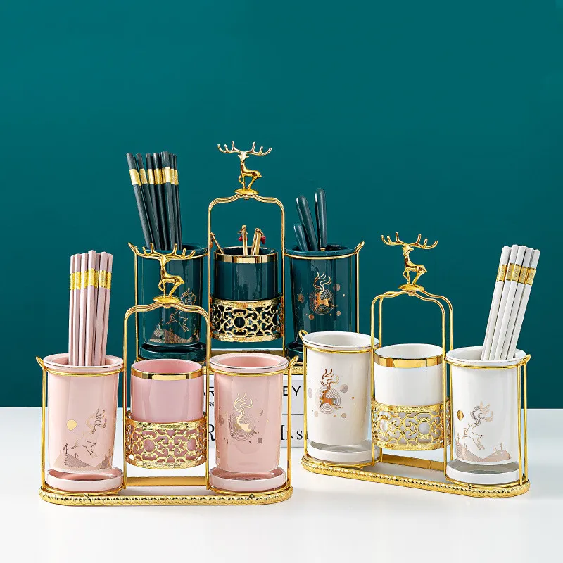 Gold-Edged-Ceramic-Chopsticks-Tube-Household-Kitchen-Utensils-Storage ...