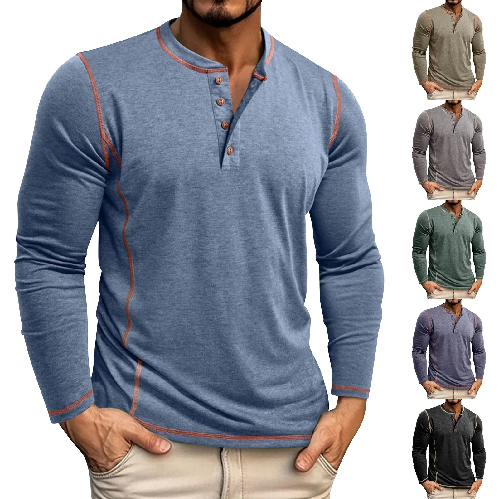 Men'S Four Button Top Autumn New Long Sleeved Henry Collar T-Shirt ...