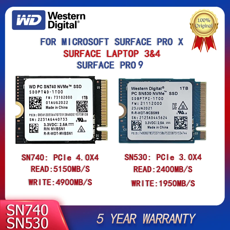 Western Digital WD SN740 SN530 M.2 2230 SSD 1TB 2TB 512GB NVMe for Microsoft Surface Pro X ...