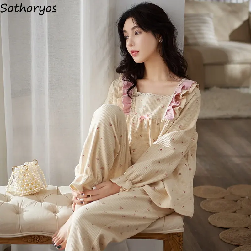 Loose-Vintage-Printed-Pajama-Sets-Women-Sweet-Princess-French-Gentle-M-4XL-Ruffles-Design ...