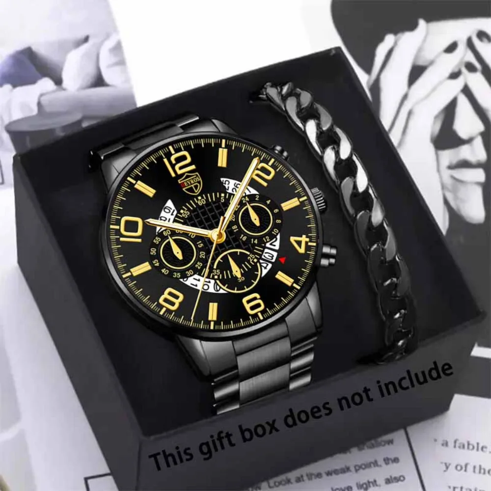 2Pcs Fashion Sporty Men's Watch Black Alloy Analog Watch Bracelet ...