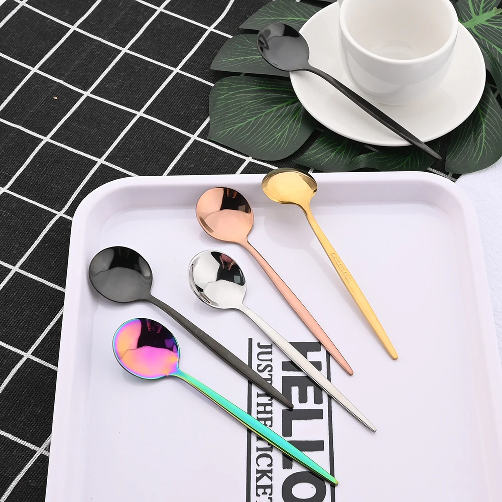 46pcs 미니 티스푼 라운드 모양 스테인레스 스틸 디저트 스낵 커피 스쿠프 아이스크림 스푼 식기 골드 음료 식기