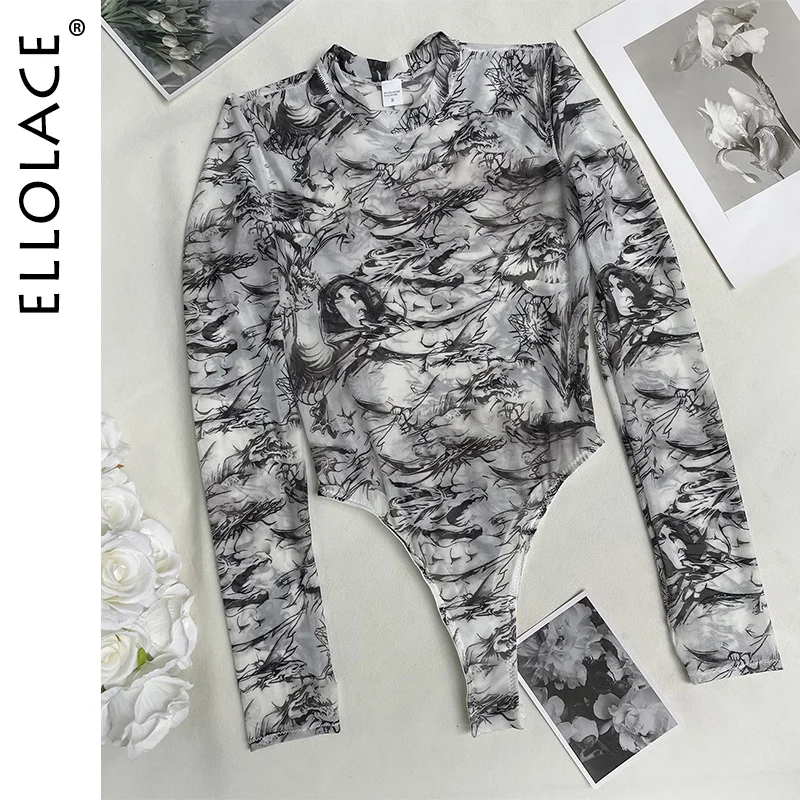Ellolace-Dragon-Print-Lace-Bodysuit-See-Through-Long-Sleeve-Tight-Body ...